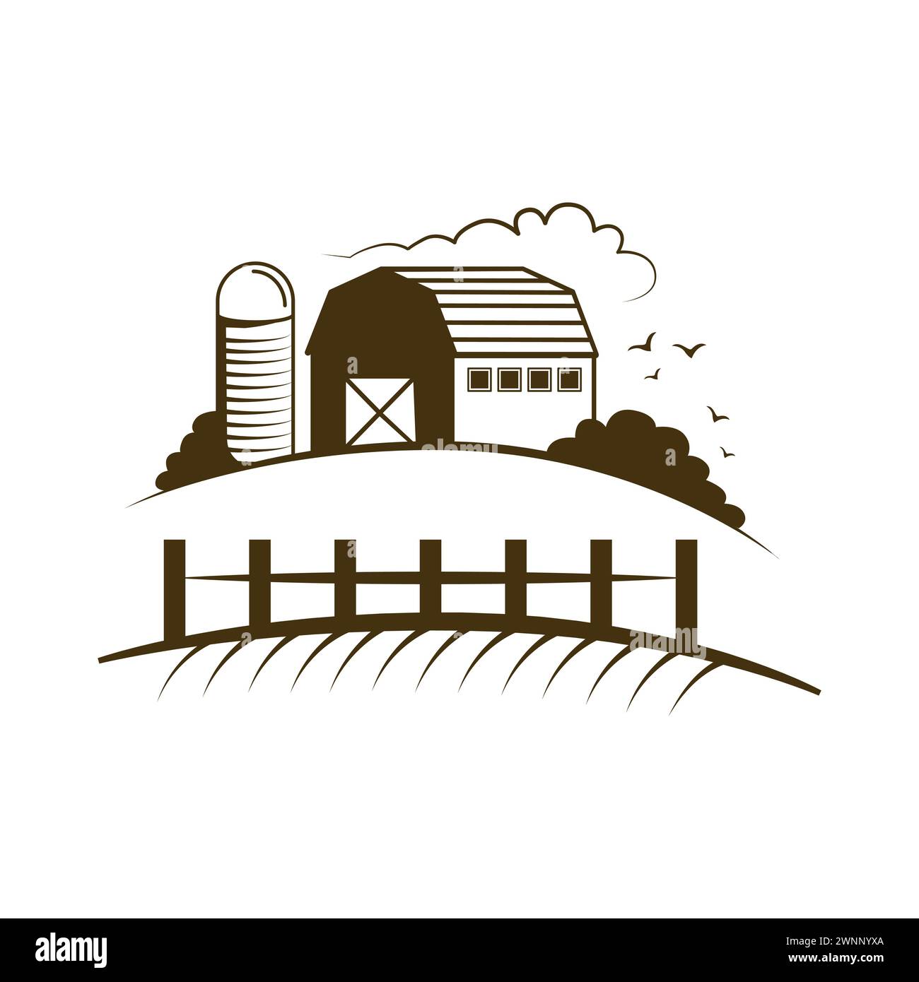 Farm landscape with village house, grain elevator and trees behind ...