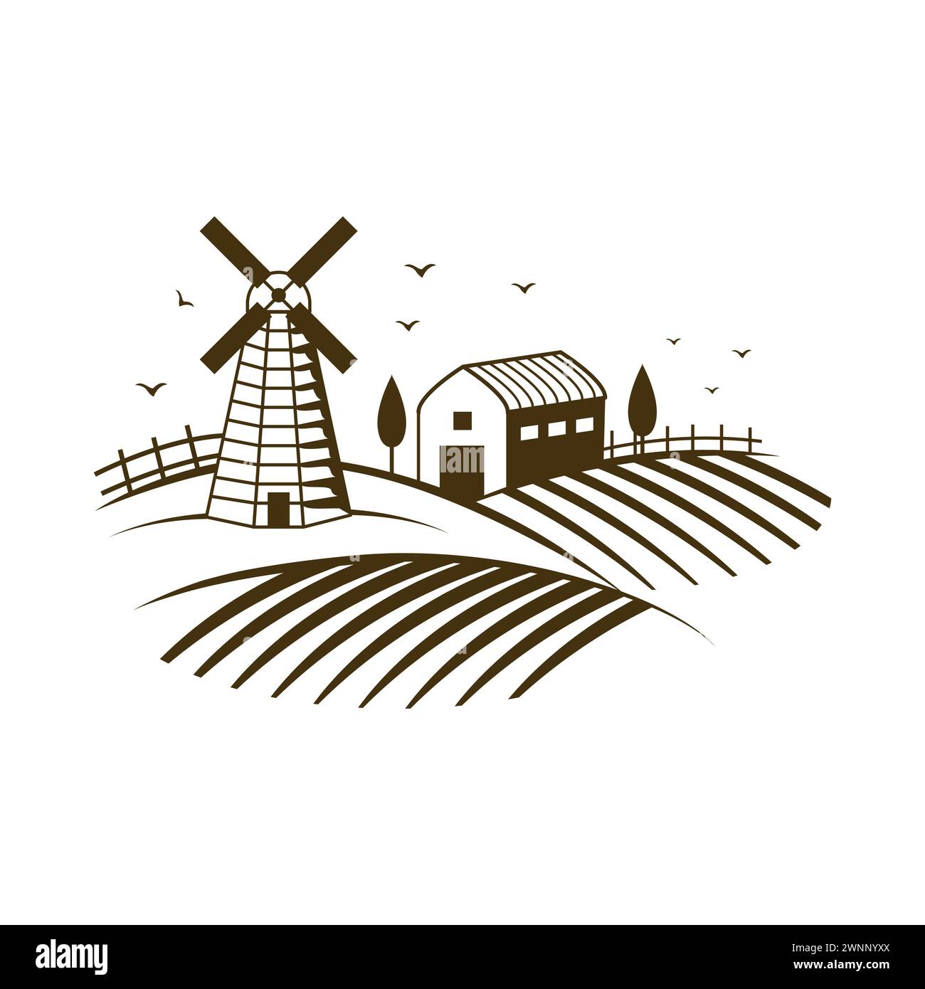 Rural landscape with windmill for vintage bakery and houses on hills ...