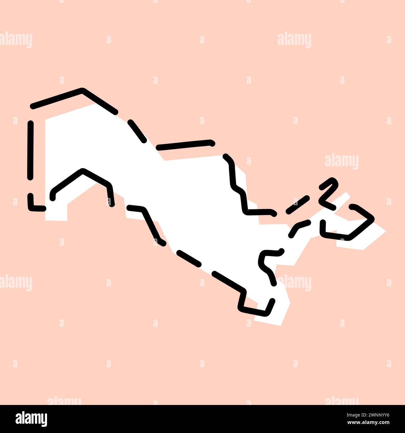 Uzbekistan country simplified map. White silhouette with black broken ...