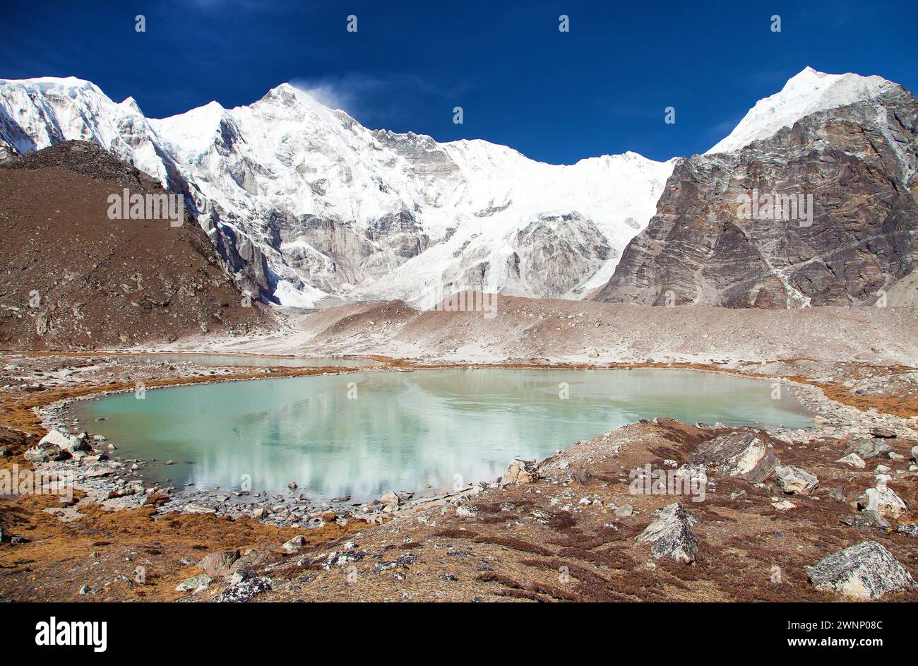 Beautiful panoramic view of Mount Cho Oyu and lake in Cho Oyu base camp ...