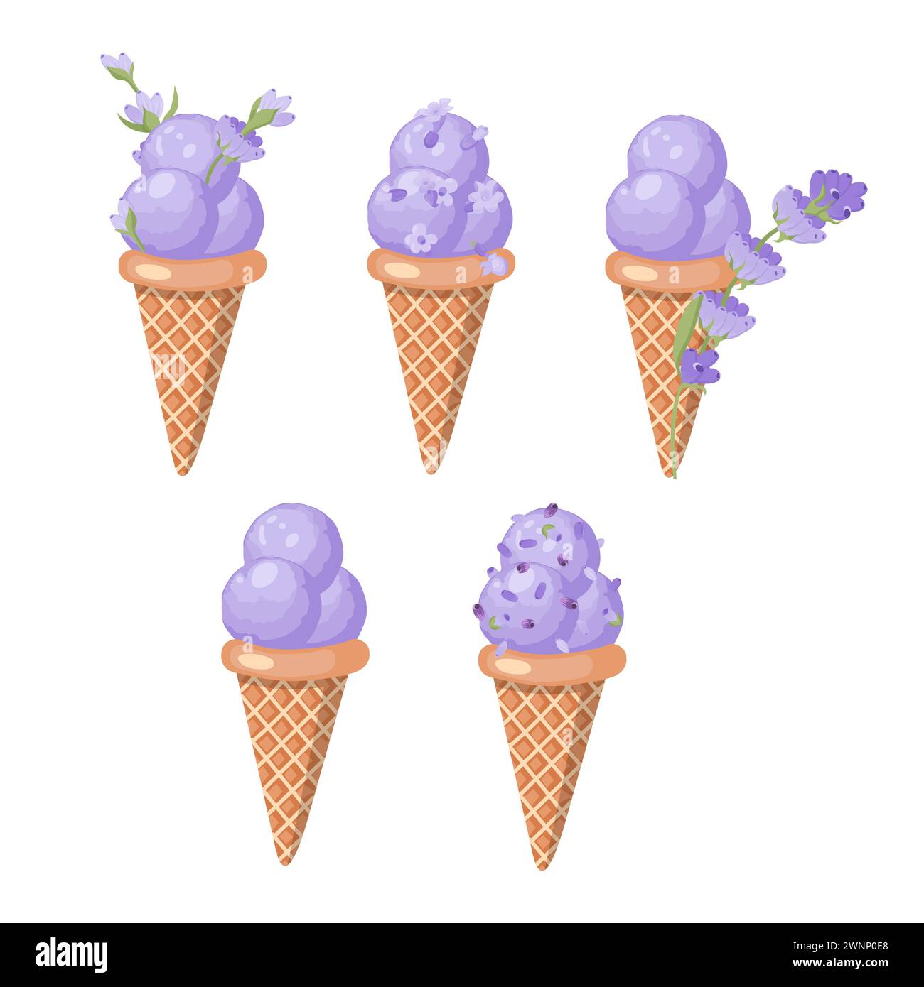 A set of lavender ice cream in waffle cones. Purple sorbet. Vector ...