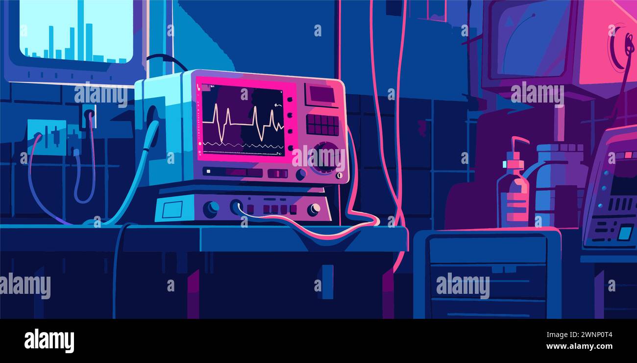 Heart monitor with ECG lines on the background of critical patient in ...