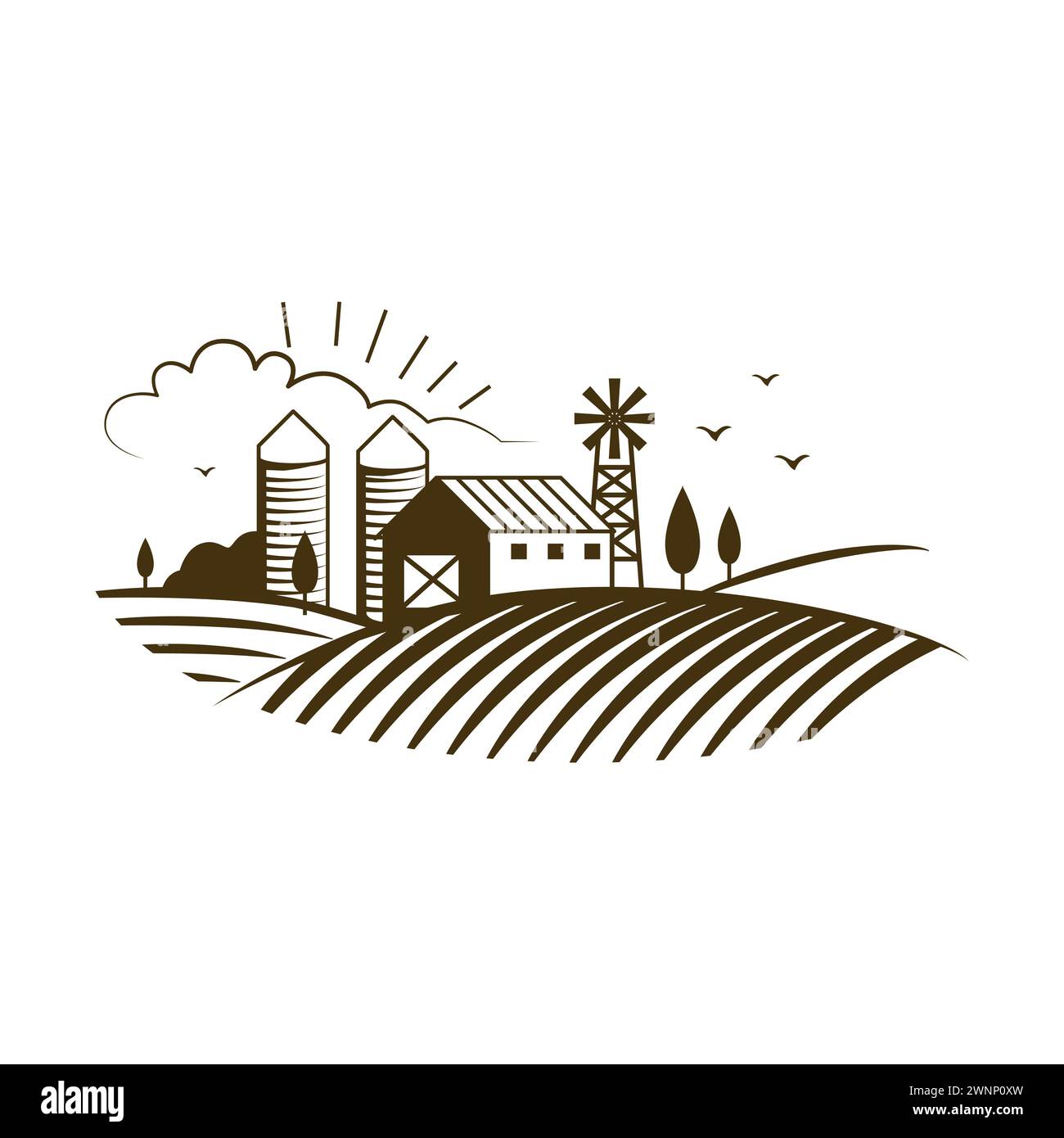 Farm houses and agriculture field, rural landscape, countryside scene ...