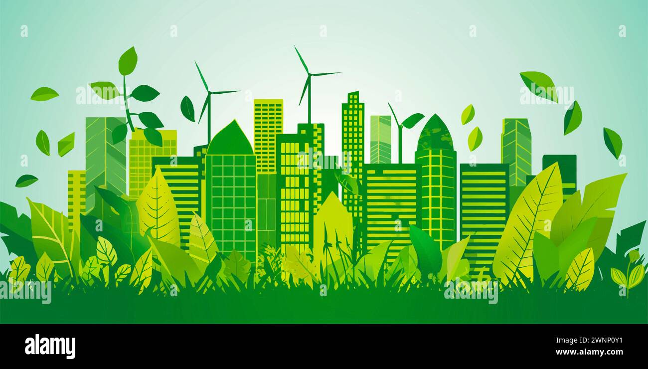 Green City landscape with buildings, hills and trees. Eco and green ...