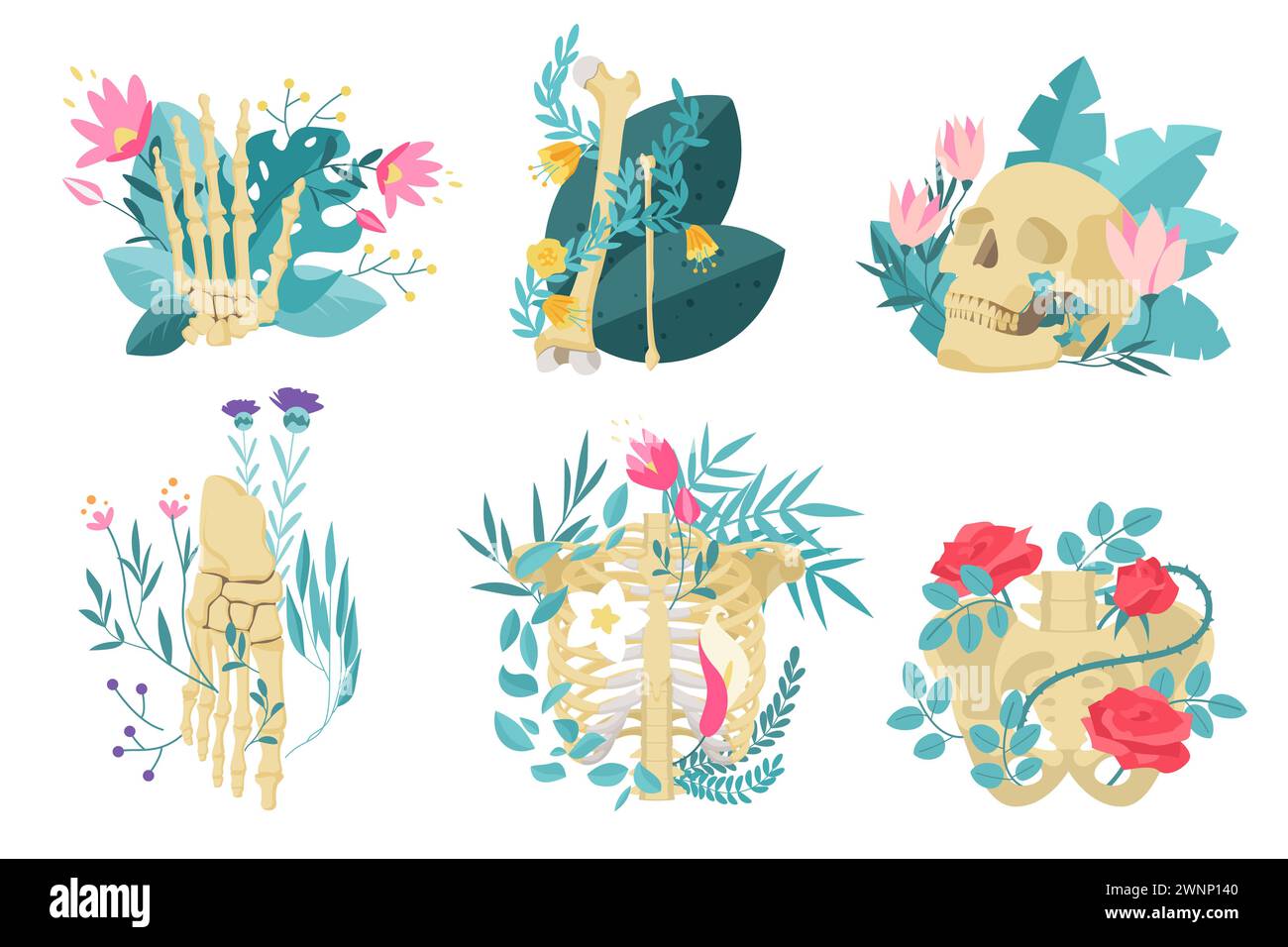 Human skeleton bones in flowers set. Floral pattern and skull ...
