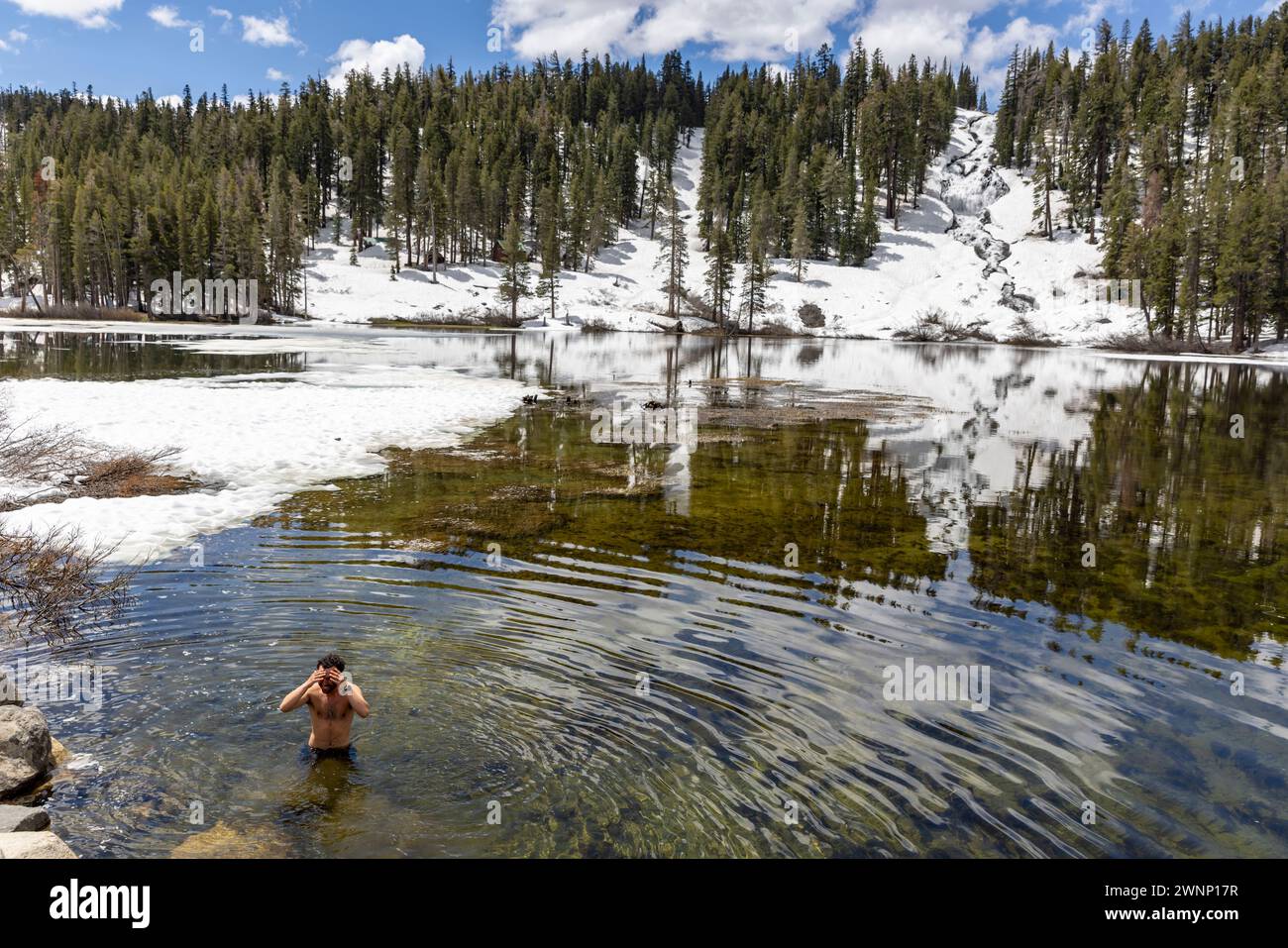A man braves the icy water of Twin Lakes in Mammoth Lakes, CA in June ...