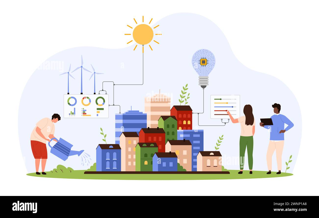 Development of smart city with green energy consumption. Tiny people ...