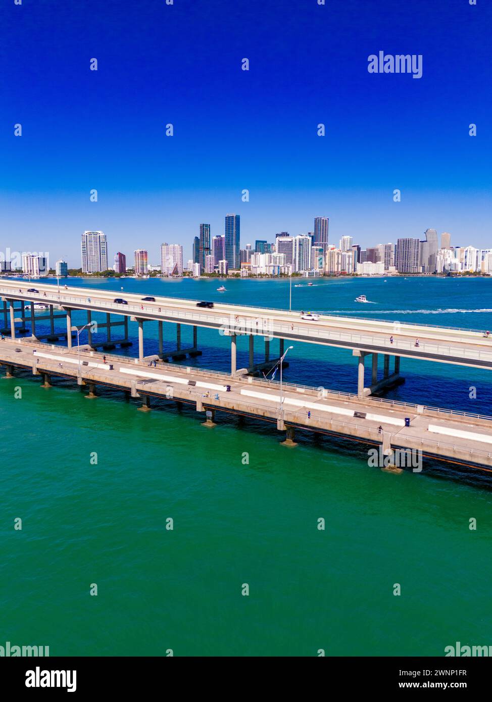 Vertical aerial photo Rickenbacker Causeway Miami with Brickell views ...