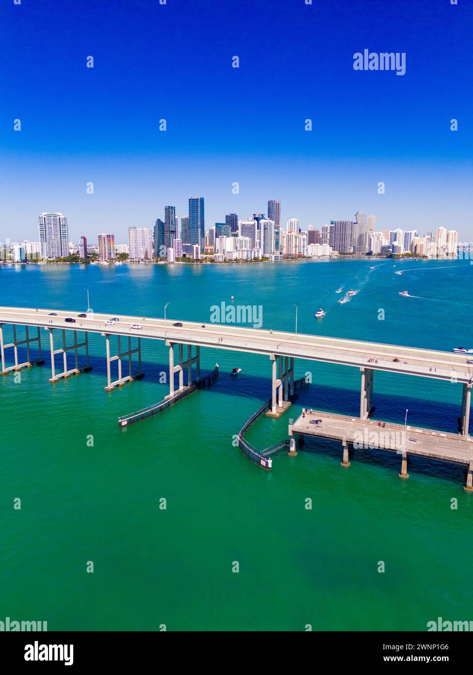 Vertical aerial photo Rickenbacker Causeway Miami with Brickell views ...