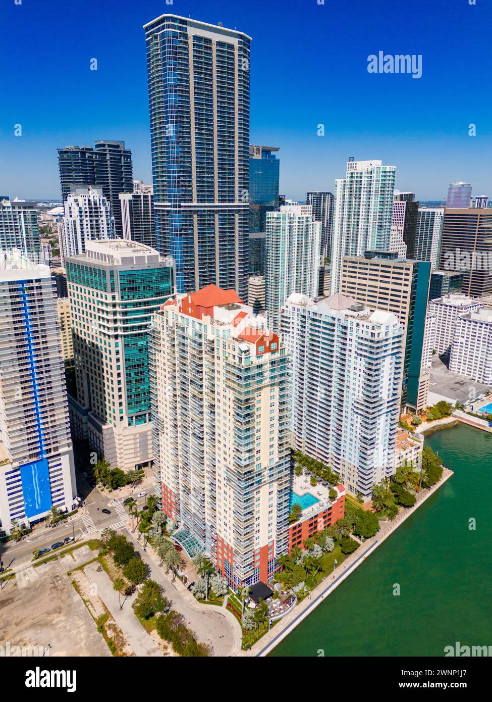 Vertical aerial drone photo Brickell Miami 2024 highrise skyscrapers ...