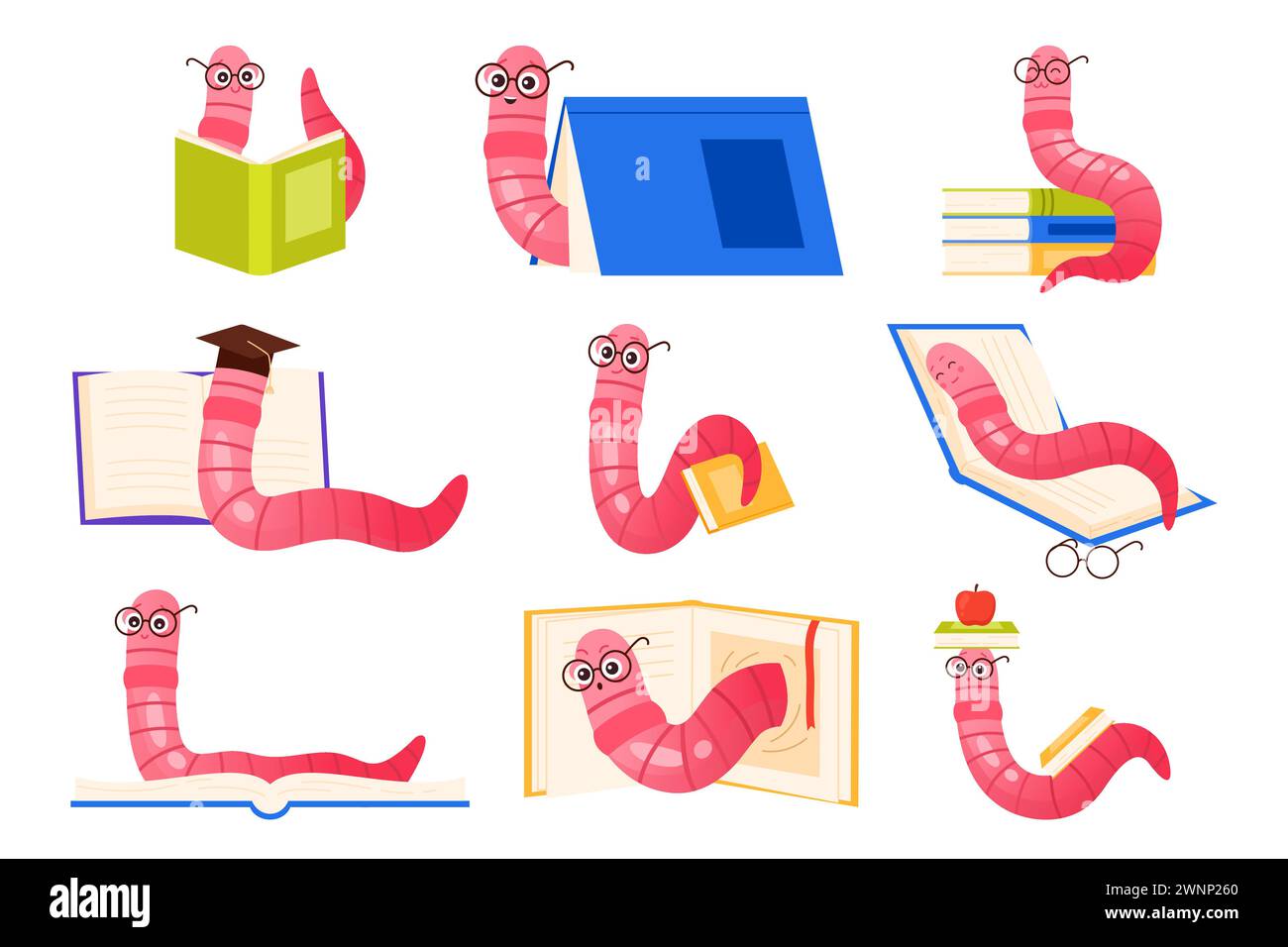 Cute bookworms set. Pink smart worms with glasses and graduation cap ...