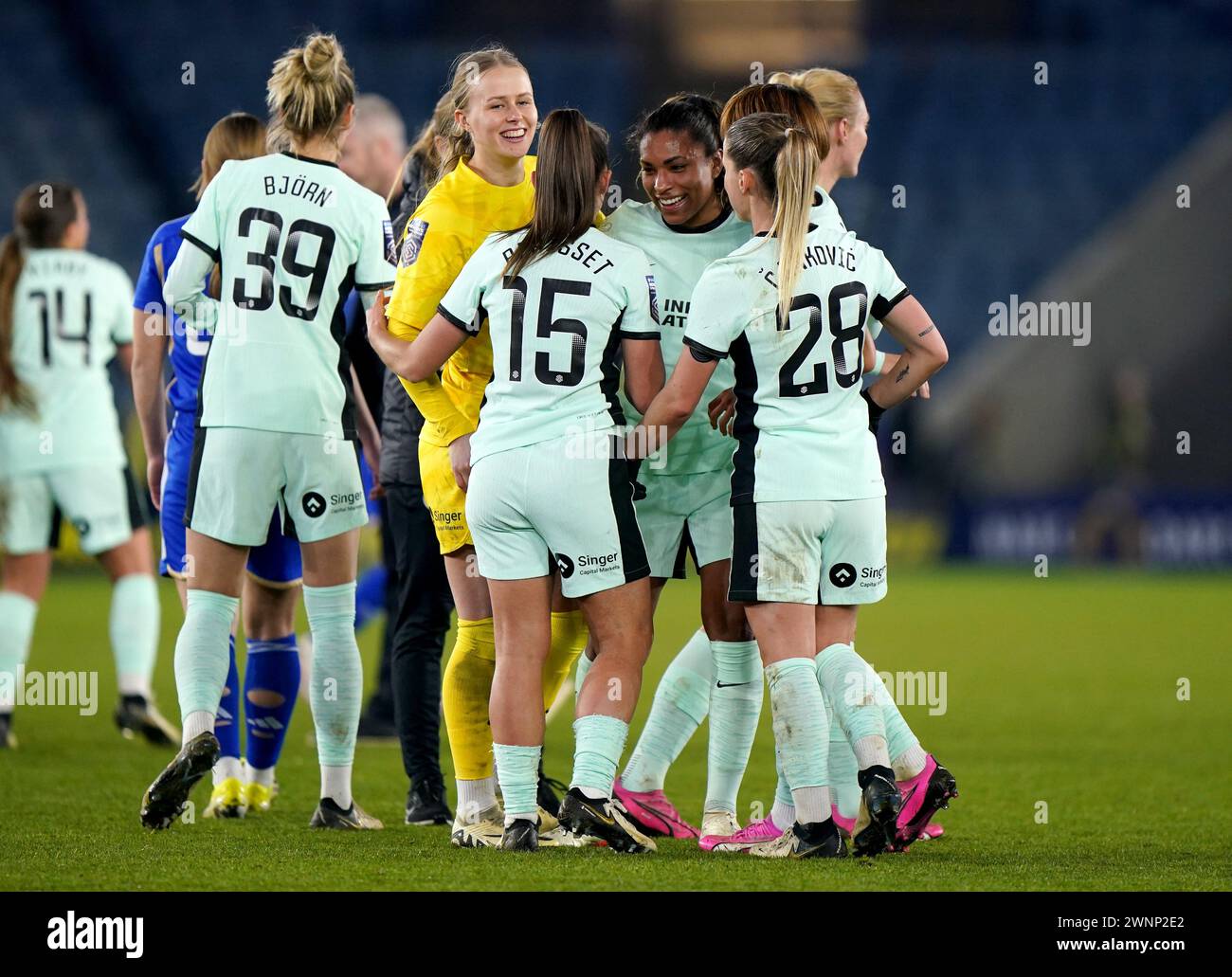 Chelsea's Catarina Macario is congratulated by team mates after scoring ...