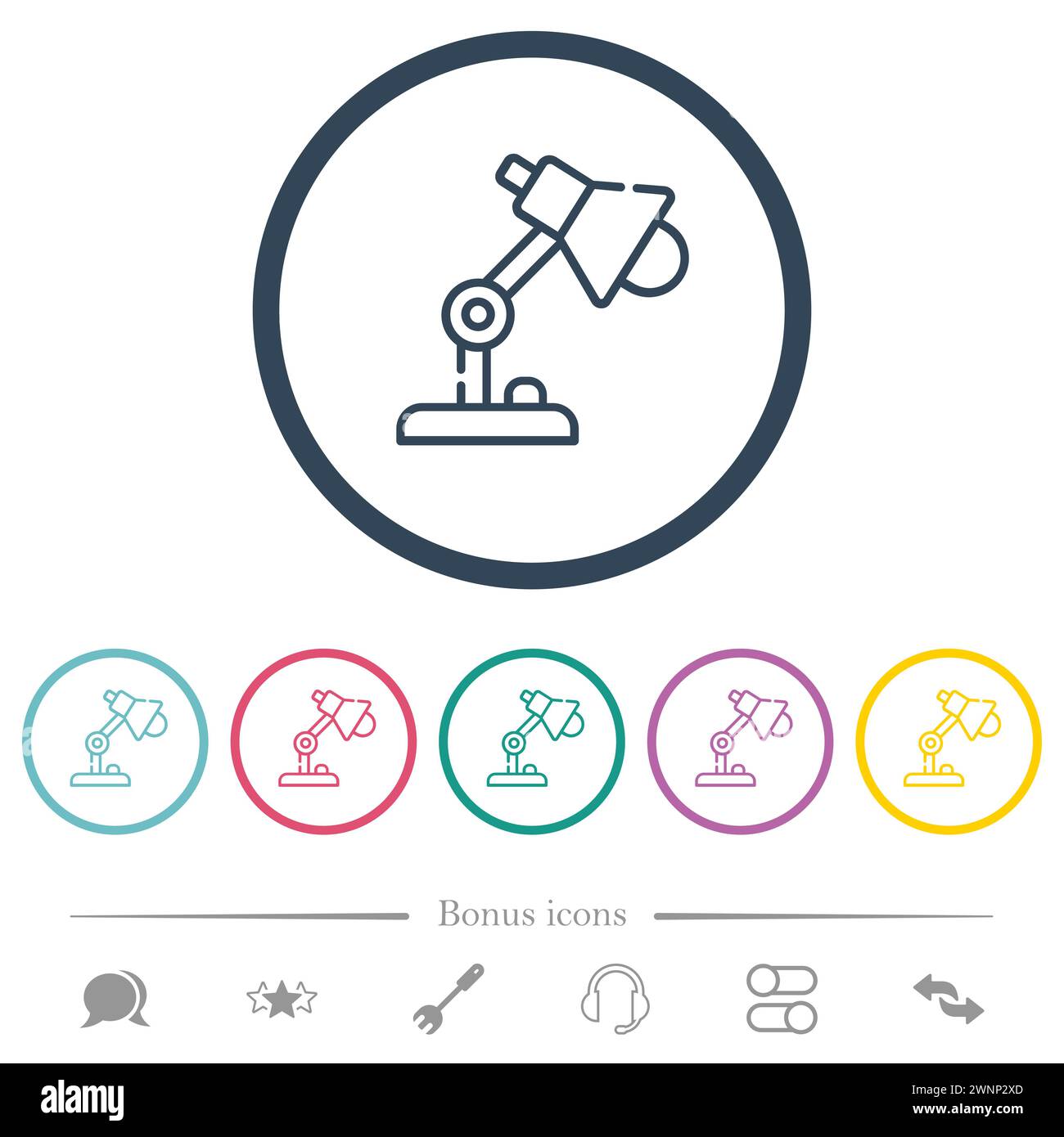 Desk lamp outline flat color icons in round outlines. 6 bonus icons ...