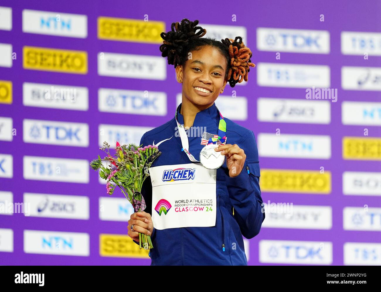 USA's Monae Nichols celebrates silver on the podium for the Women's ...