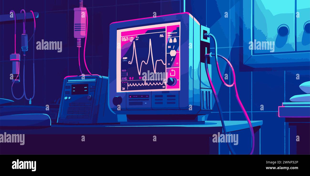 Heart monitor with ECG lines on the background of critical patient in ...