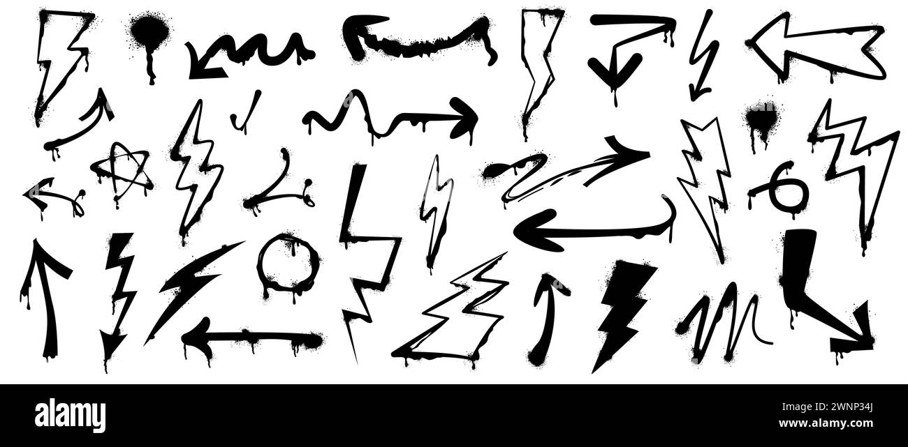 Set of spray paint arrows, drips and lightning bolts with graffiti ...