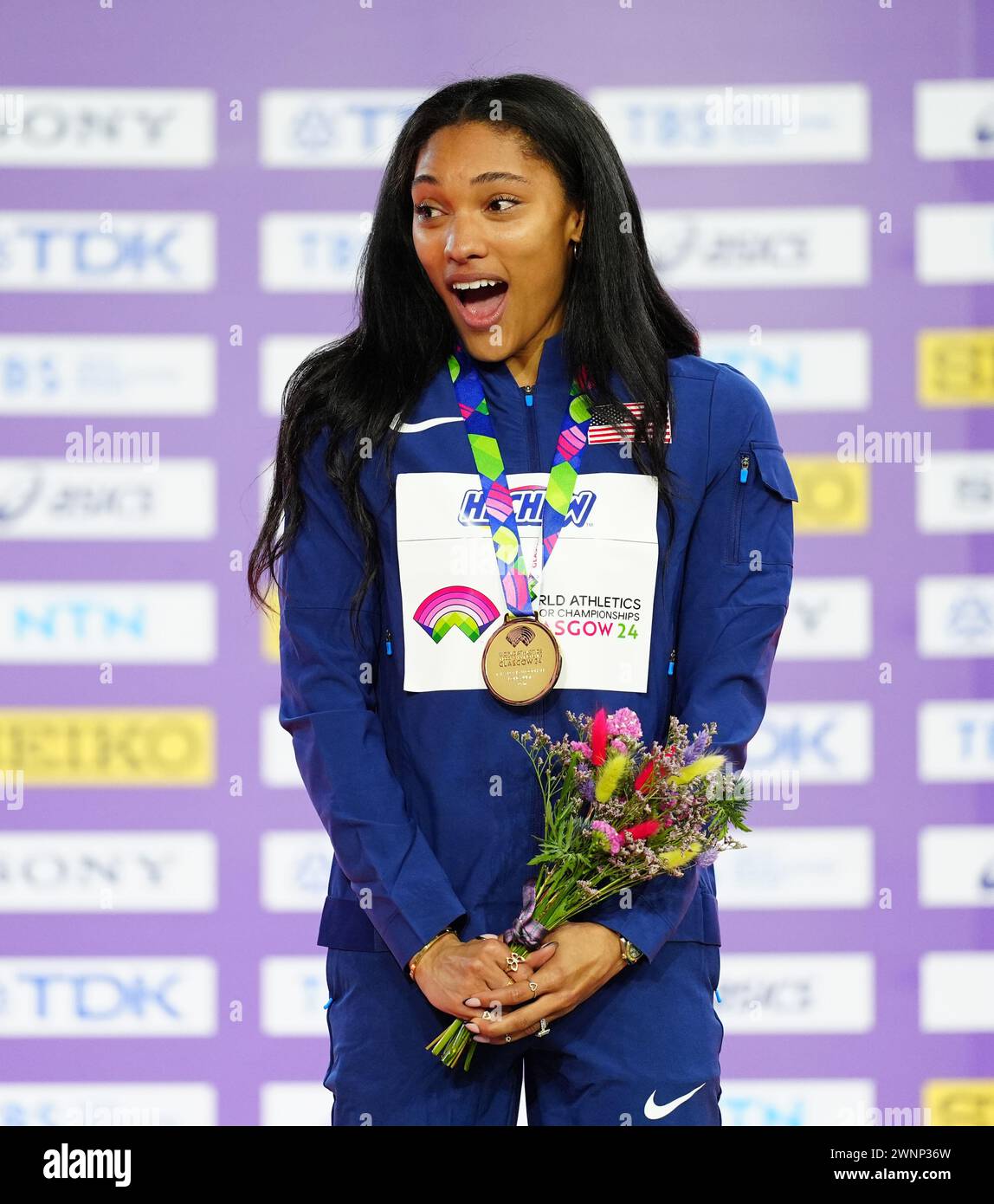 USA's Tara Davis-Woodhall celebrates gold on the podium for the Women's ...