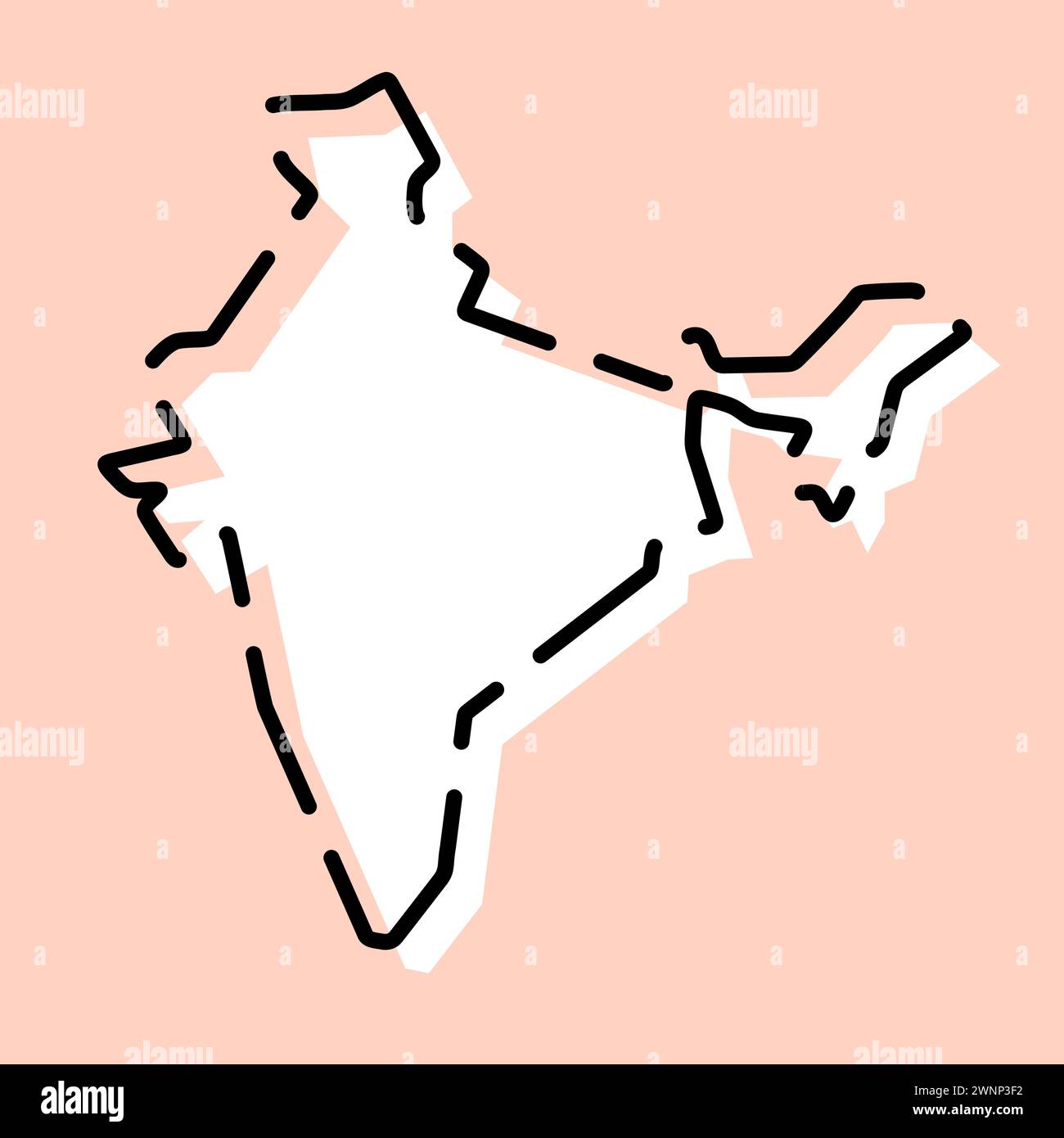 India country simplified map. White silhouette with black broken ...
