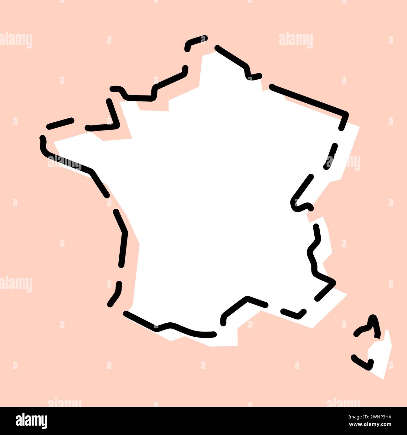 France country simplified map. White silhouette with black broken ...