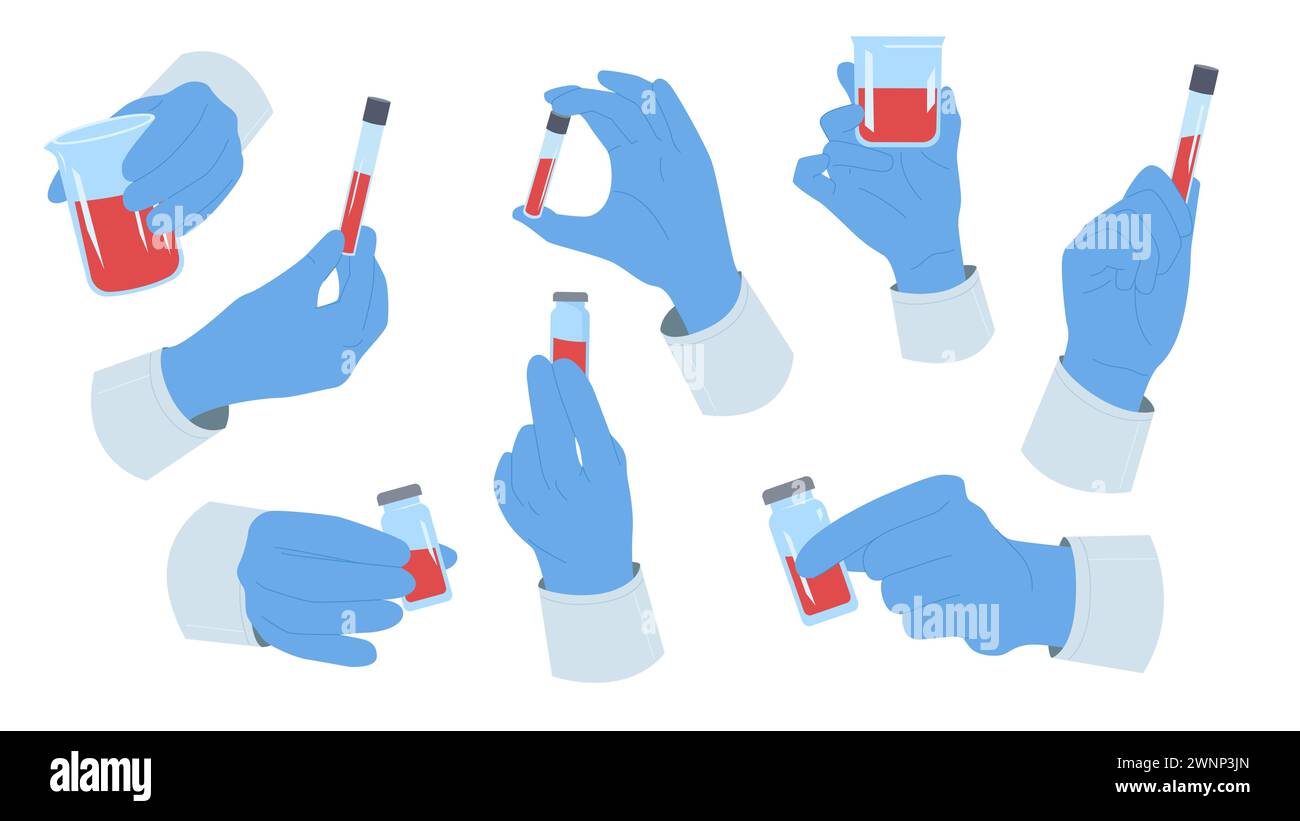 Hand of doctor in medical glove holding blood test tube set. Laboratory ...