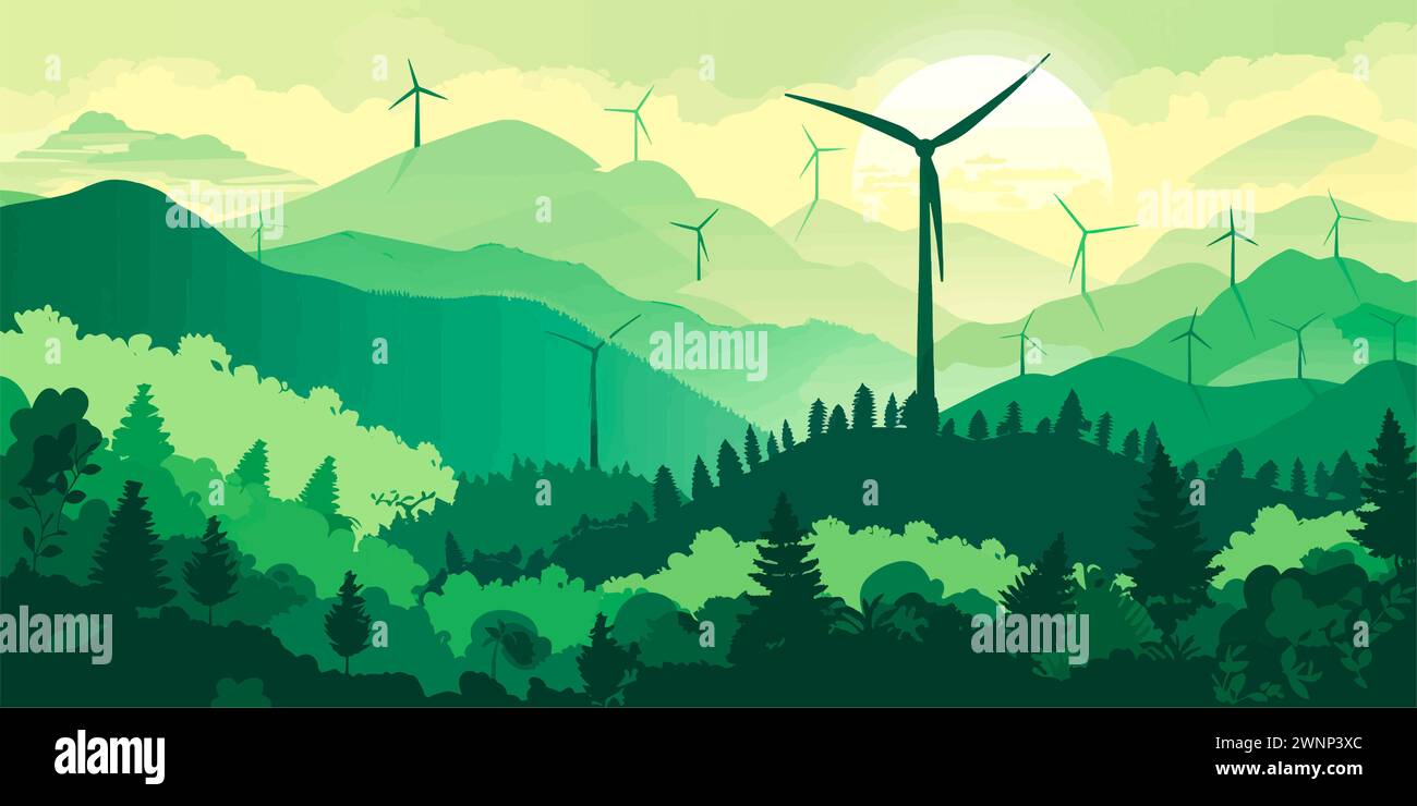 Green energy concept. Silhouette of landscape view of wind power ...
