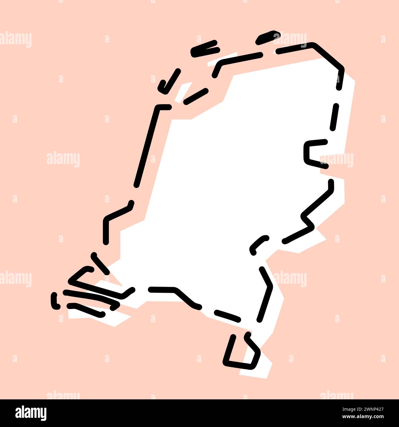 Netherlands country simplified map. White silhouette with black broken ...