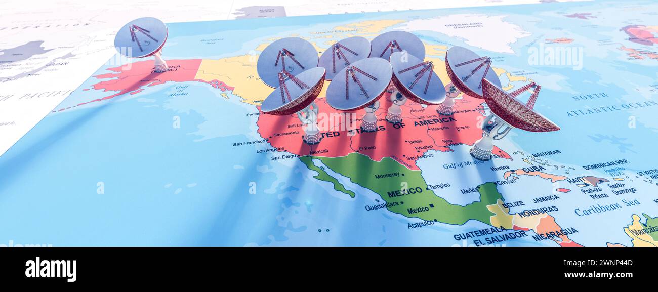 Illustrative display of satellite dishes over a U.S. map ...