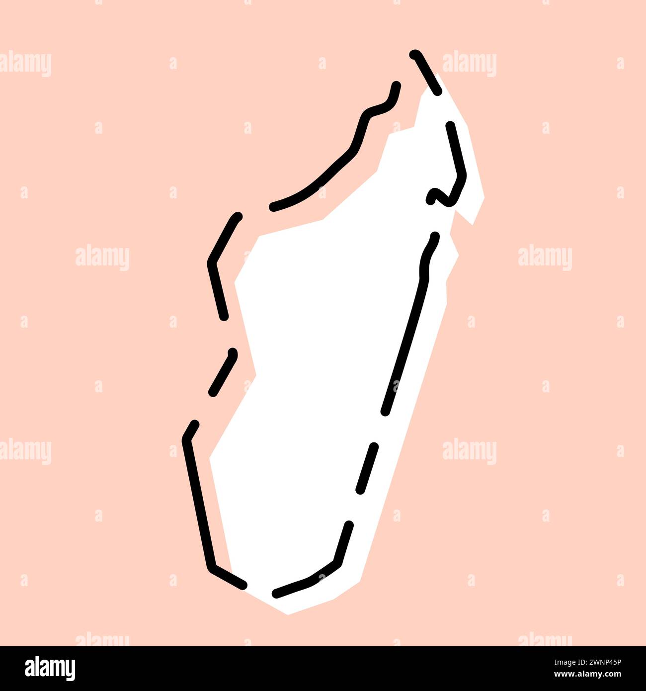 Madagascar country simplified map. White silhouette with black broken ...