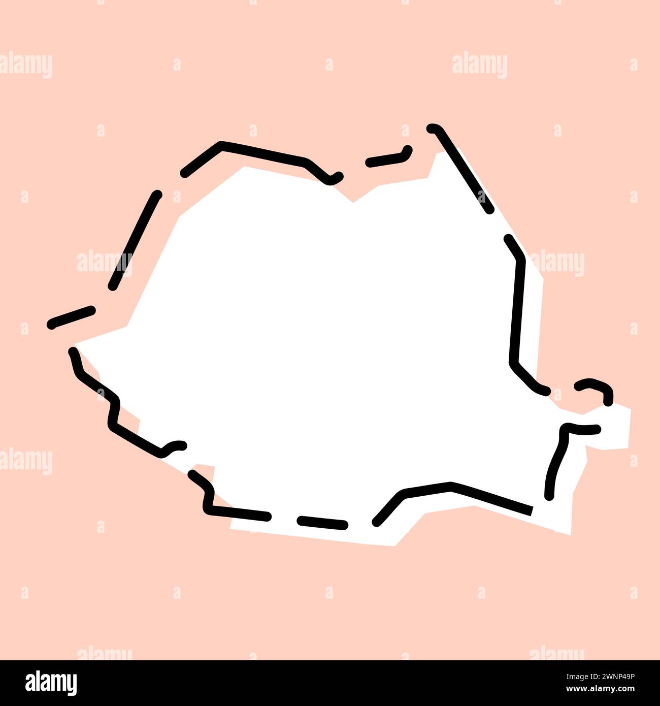 Romania country simplified map. White silhouette with black broken ...