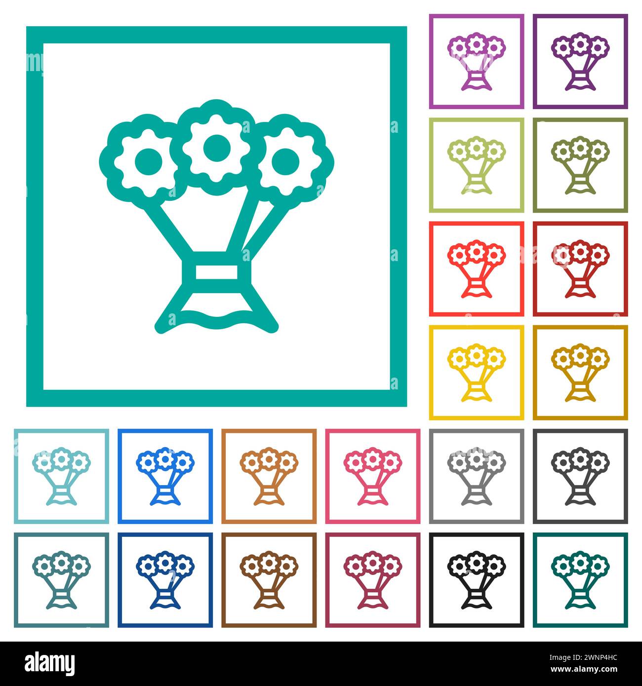 Bouquet Of Flowers Outline Flat Color Icons With Quadrant Frames On White Background Stock