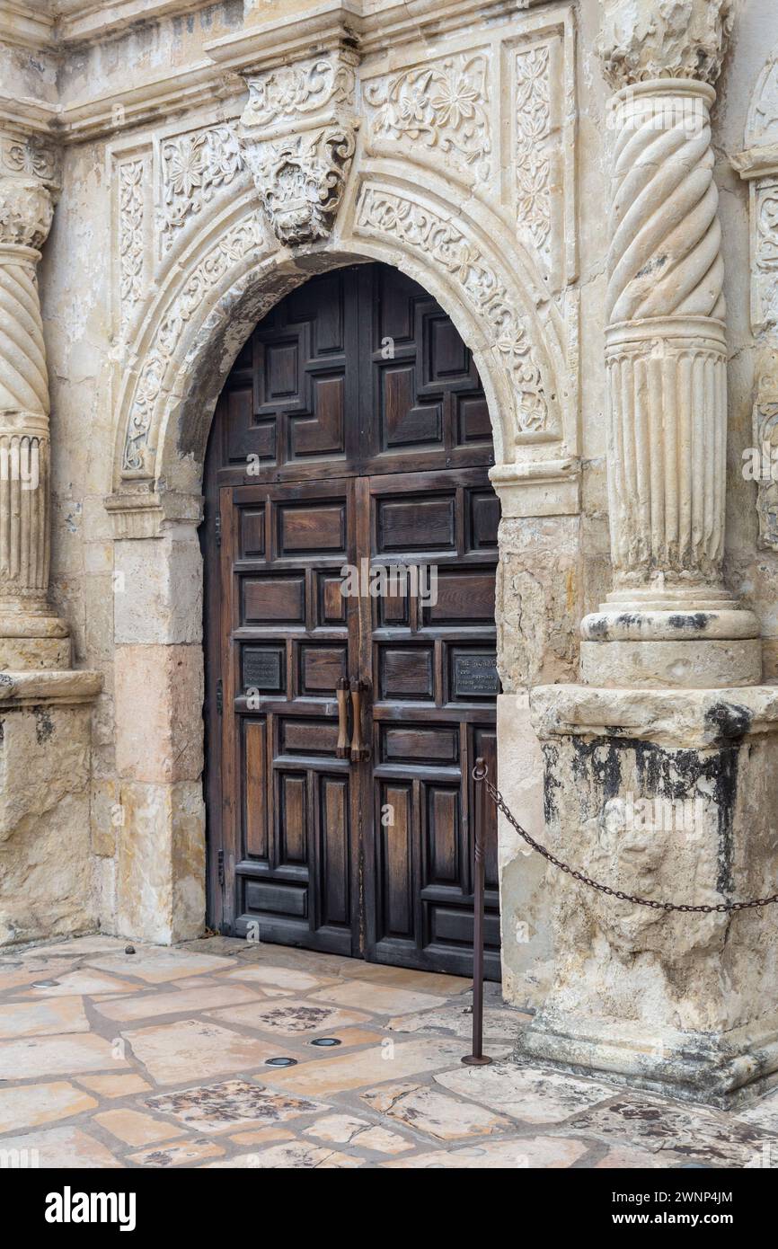 Heavy wooden doors of the Alamo historic Spanish mission in downtown ...