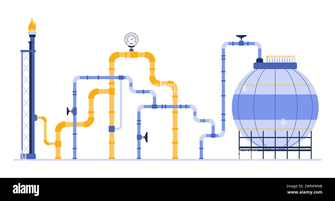 Pipeline to storage tank of gas industry. Metal blue yellow pipes with ...