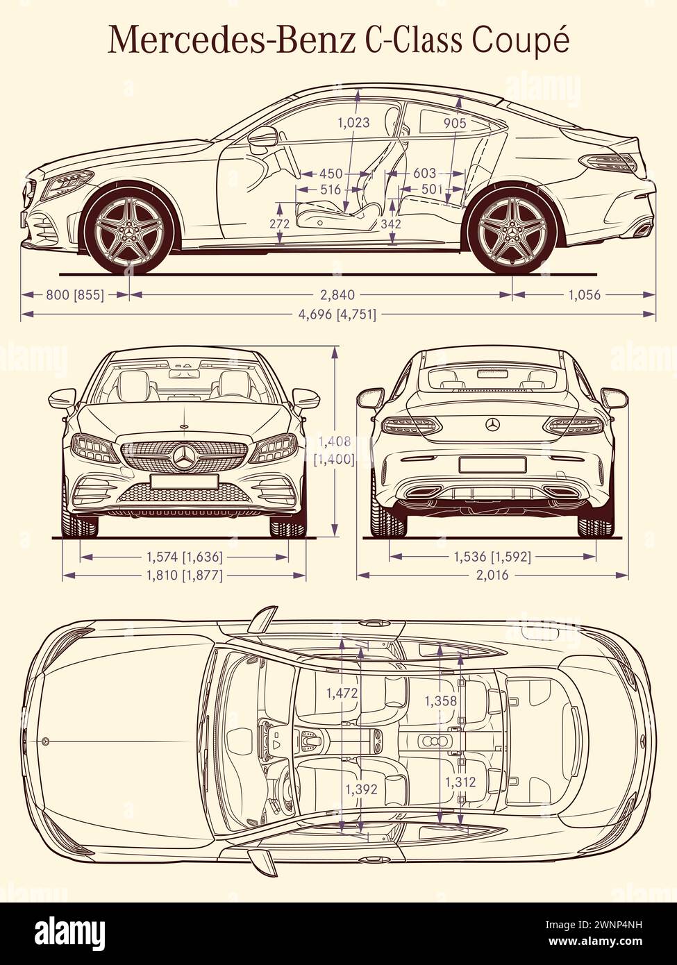 Mercedes Benz C Class Coupe 2020 car blueprint Stock Vector Image & Art ...