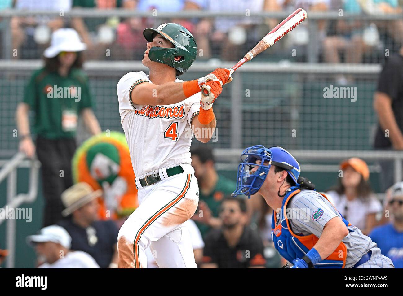 CORAL GABLES, FL - MARCH 03: Miami infielder Blake Cyr (4) bats in the ...