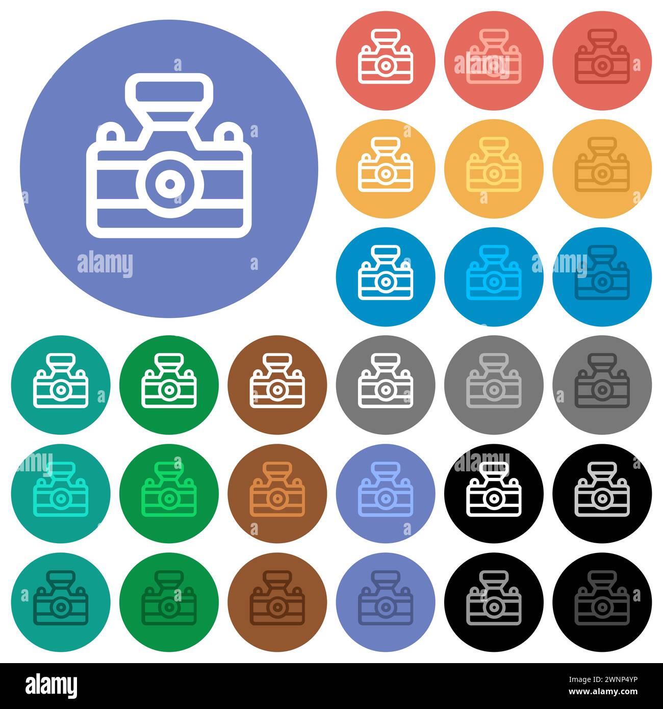 Camera outline multi colored flat icons on round backgrounds. Included ...