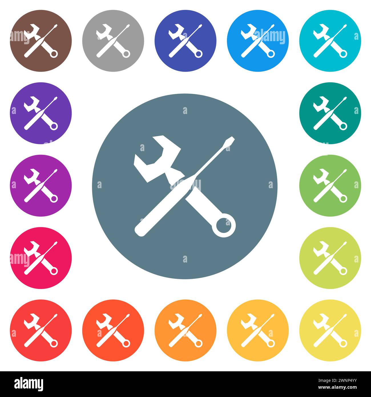 Wrench and screwdriver flat white icons on round color backgrounds. 17 ...
