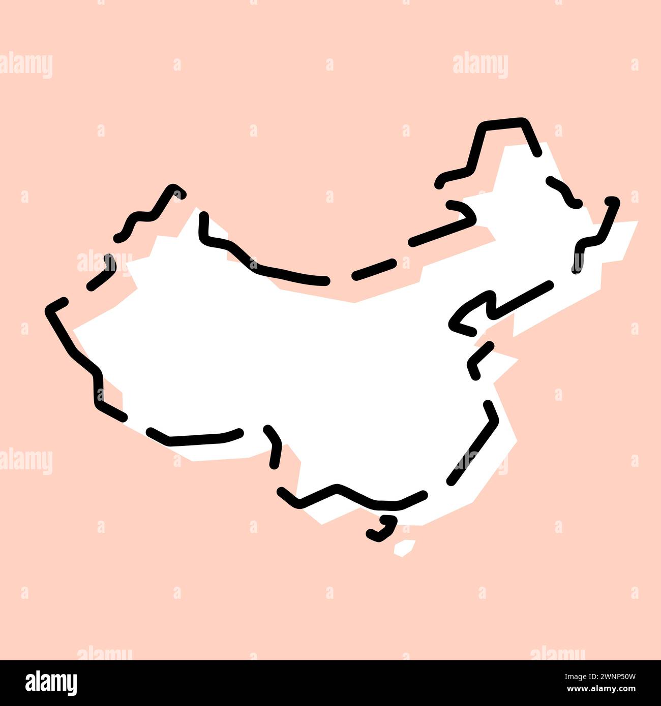 China country simplified map. White silhouette with black broken ...