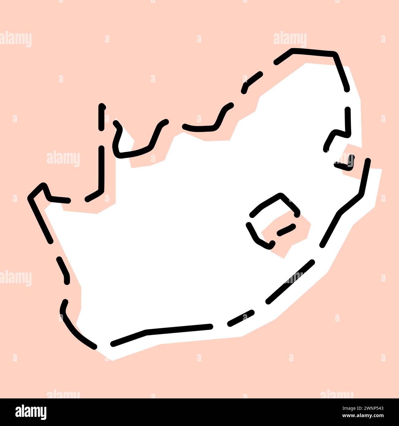 South Africa country simplified map. White silhouette with black broken ...