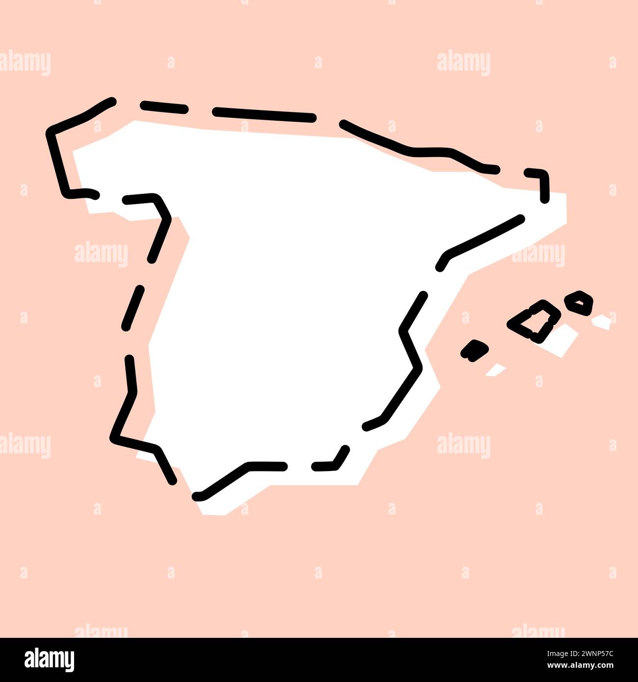 Spain country simplified map. White silhouette with black broken ...