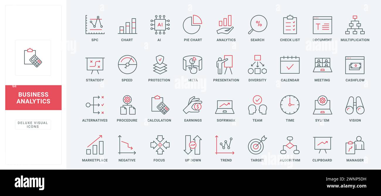 Business data analysis and analytics line icons set. Research technology, management and data ...
