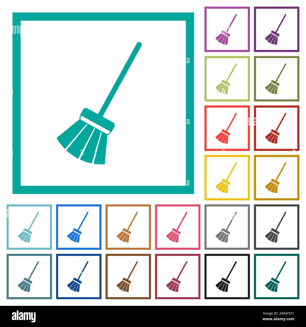 Old broom flat color icons with quadrant frames on white background ...