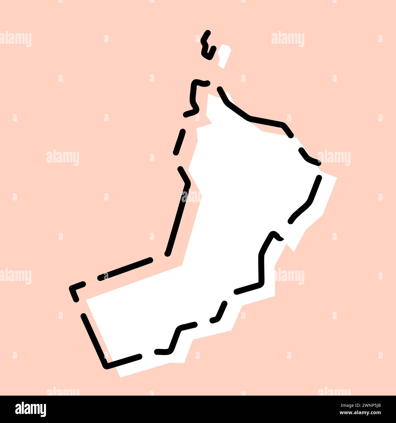 Oman country simplified map. White silhouette with black broken contour ...