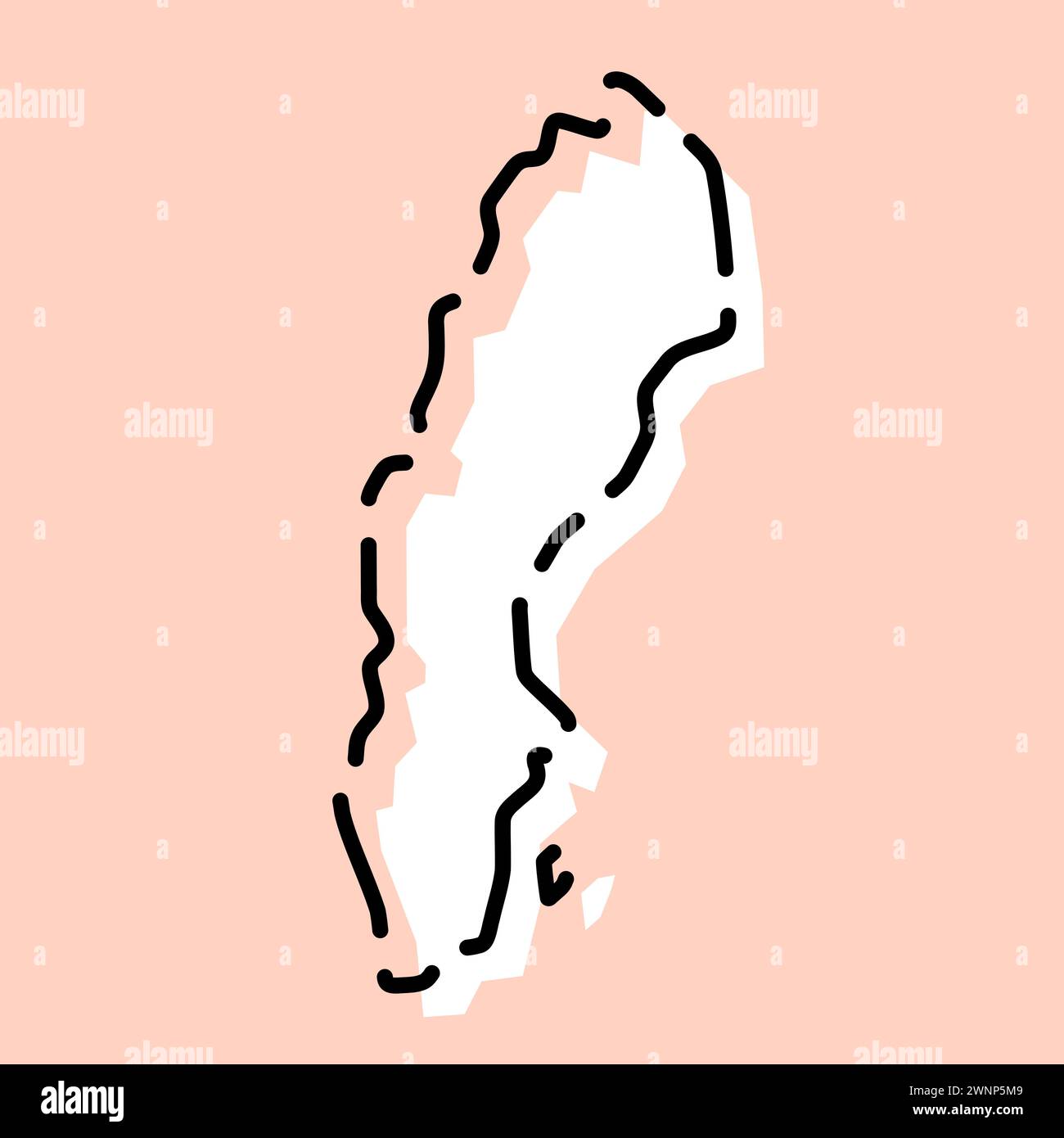 Sweden country simplified map. White silhouette with black broken ...