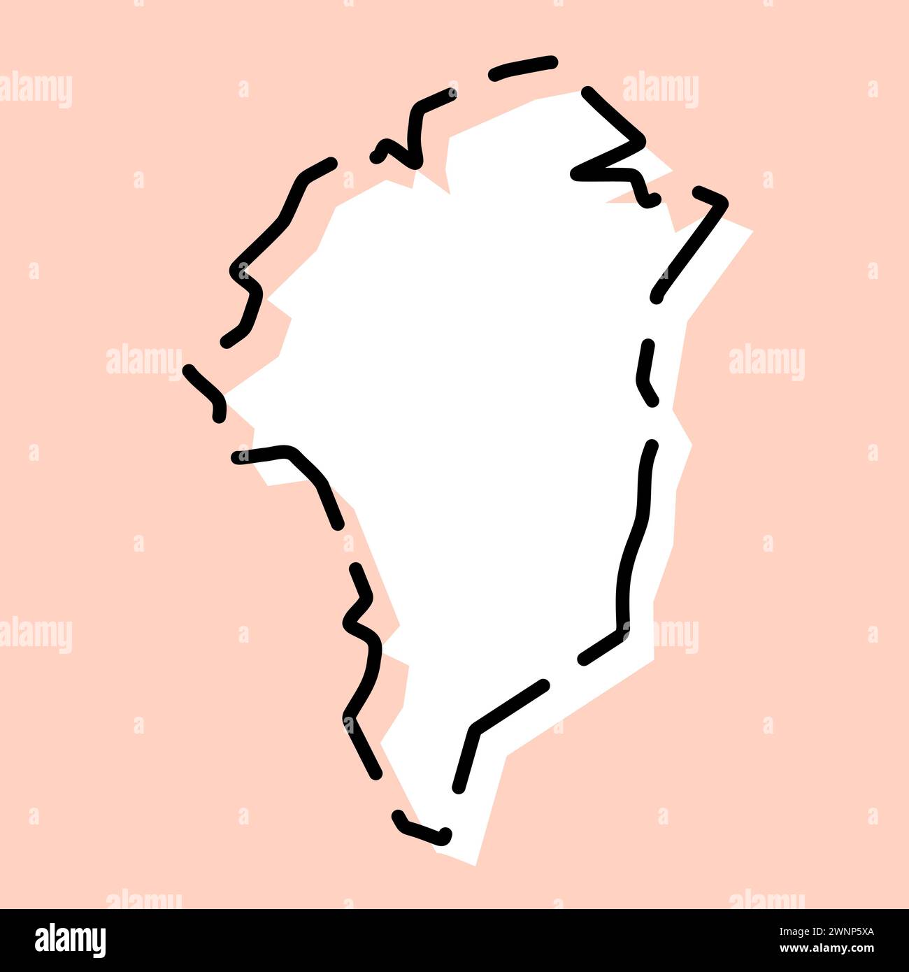 Greenland simplified map. White silhouette with black broken contour on ...
