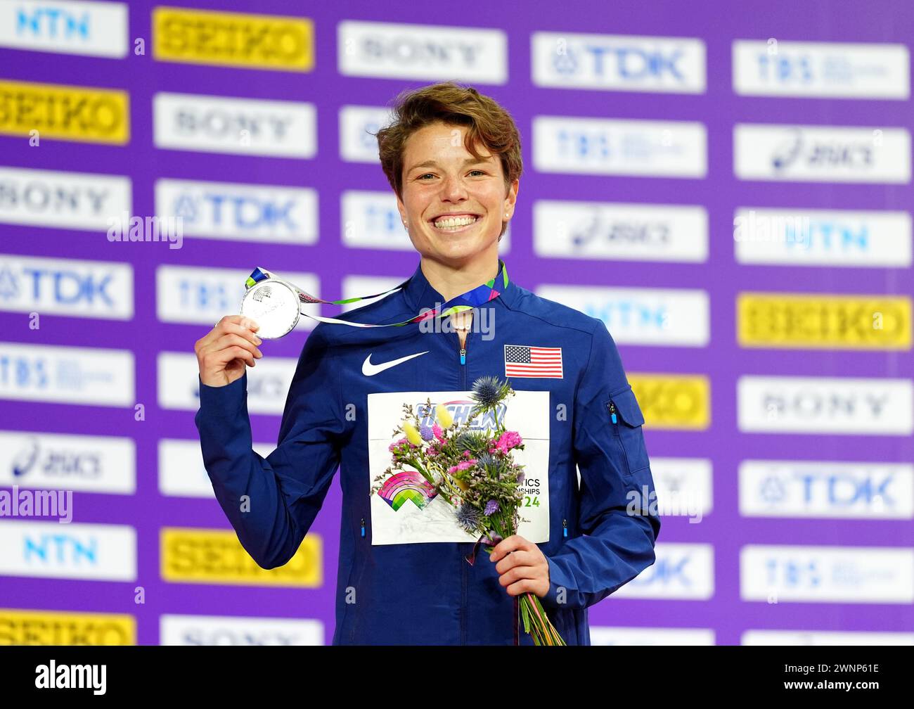 USA's Nikki Hiltz celebrates silver on the podium for the Women's 1500m ...