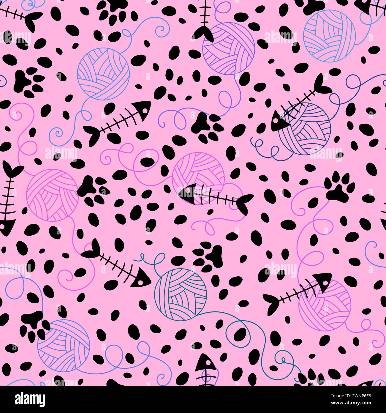 Cartoon animals accessories seamless cats and ball of threads and fish ...