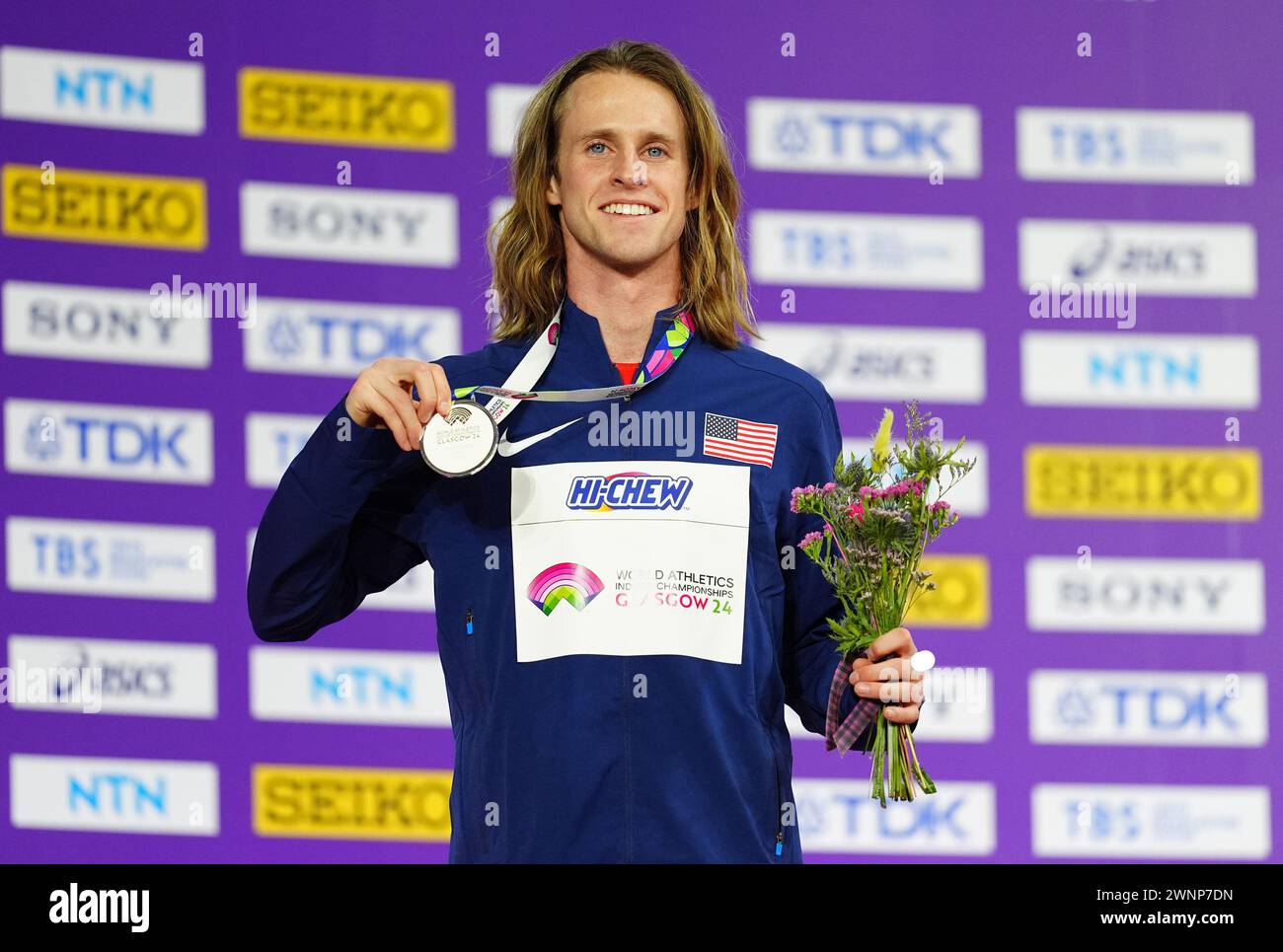 USA's Cole Hocker, silver, on the podium for the Men's 1500m during day ...