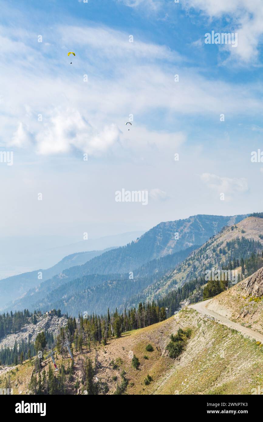 Two paragliders high above Rendezvous Mountain from Jackson Hole Aerial ...