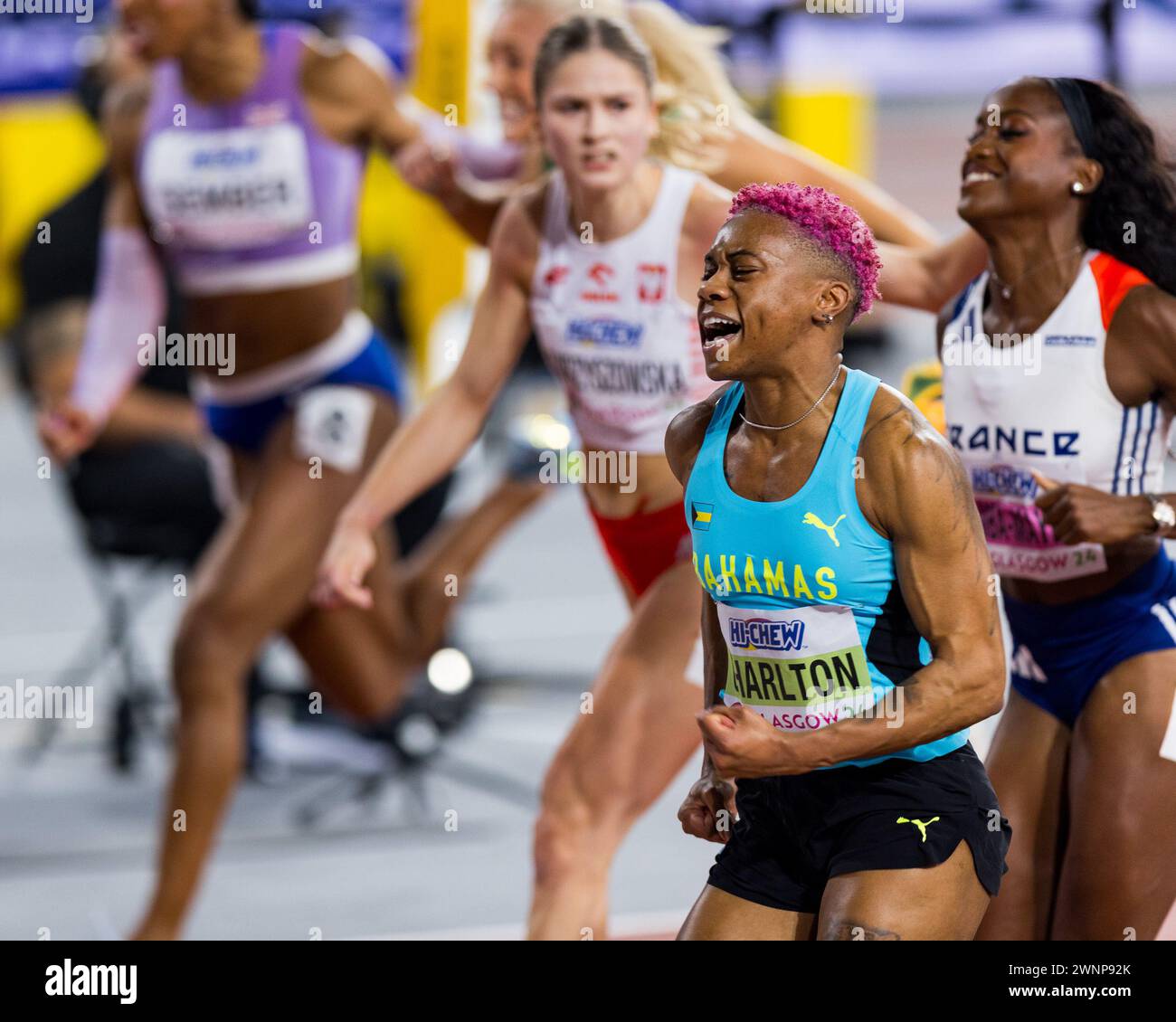 Glasgow, Scotland. 03 March 2024. Devynne CHARLTON (BAH) wins a gold medal and sets a new world ...