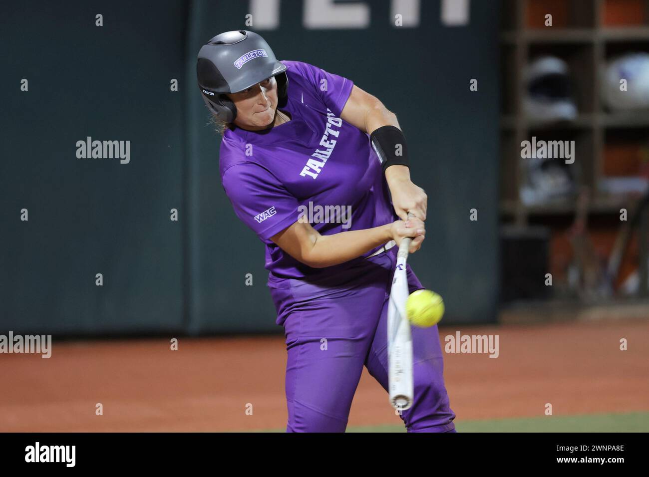 Tarleton State third baseman Katy Schaefer connects for a base hit ...